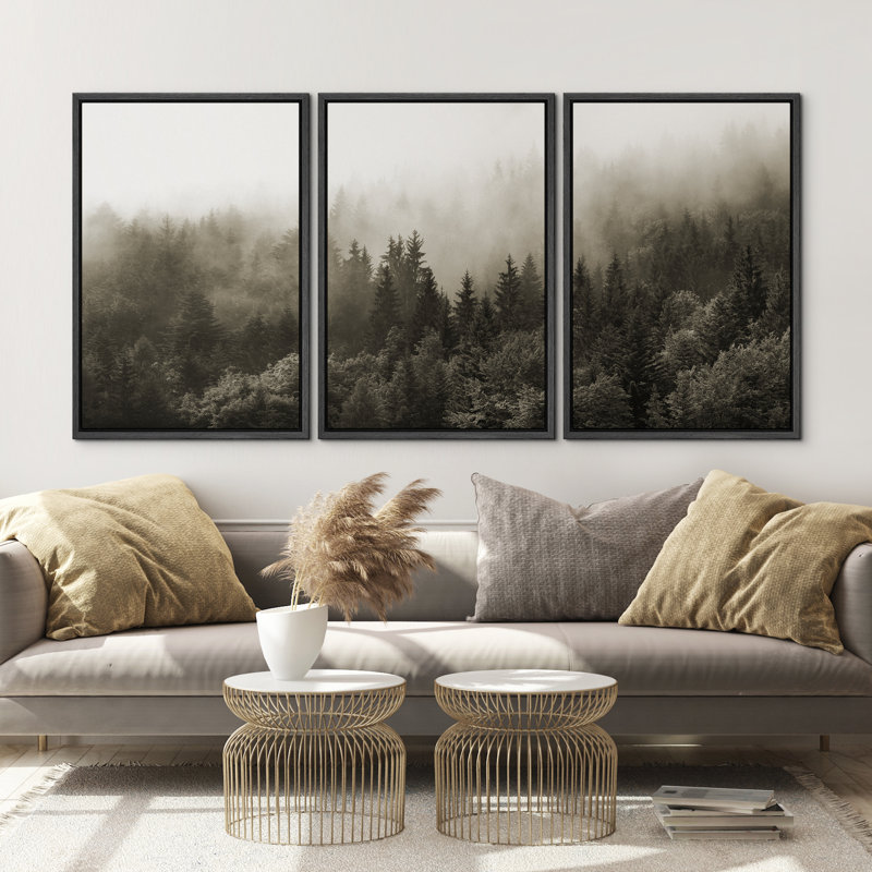 IDEA4WALL Framed Canvas Print Wall Art Woodland Nursery Decor Set Fog & Mist Over Blue Pine Tree ...